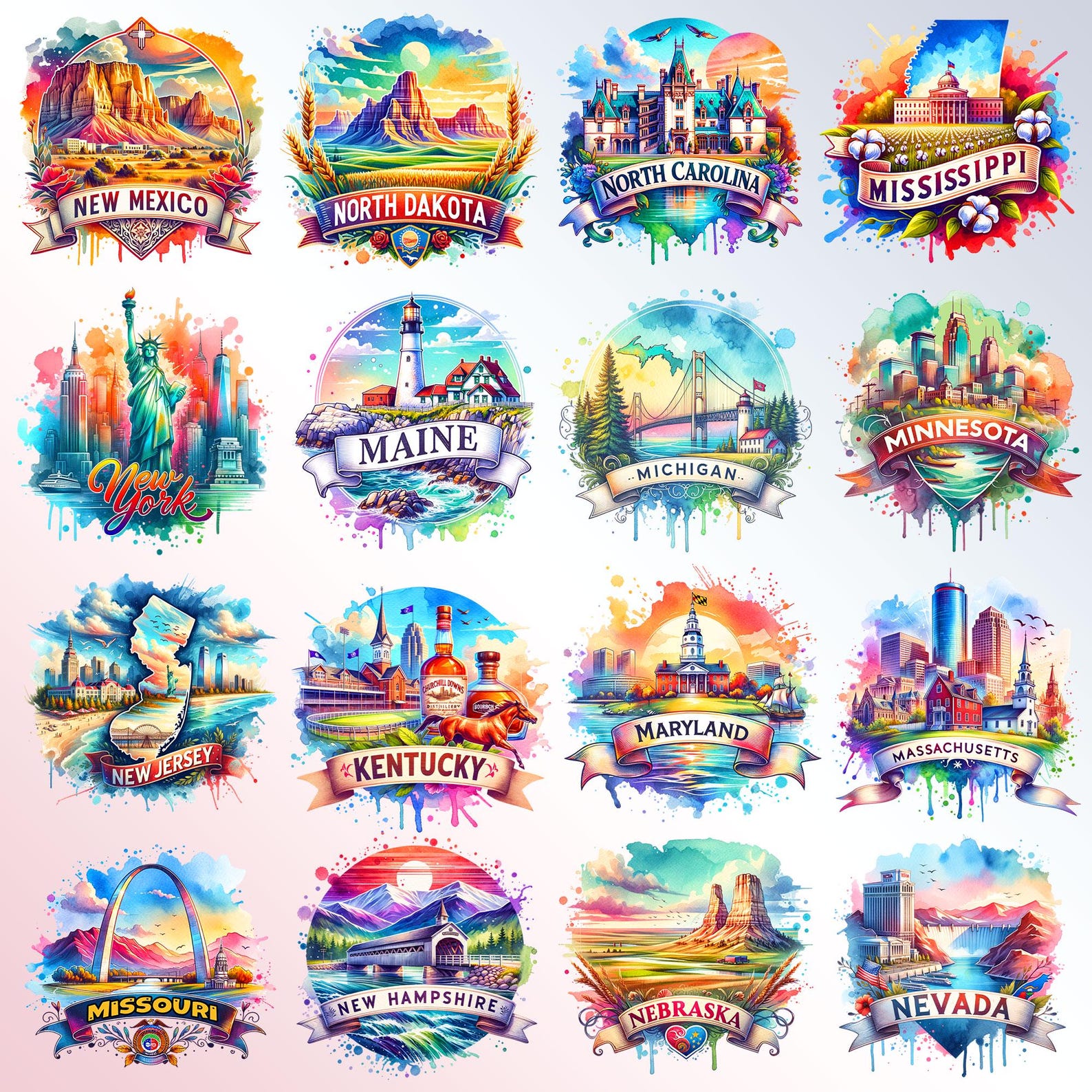 50 States PNG – Retro USA Travel Clipart Bundle, Vintage Landmark Map ...