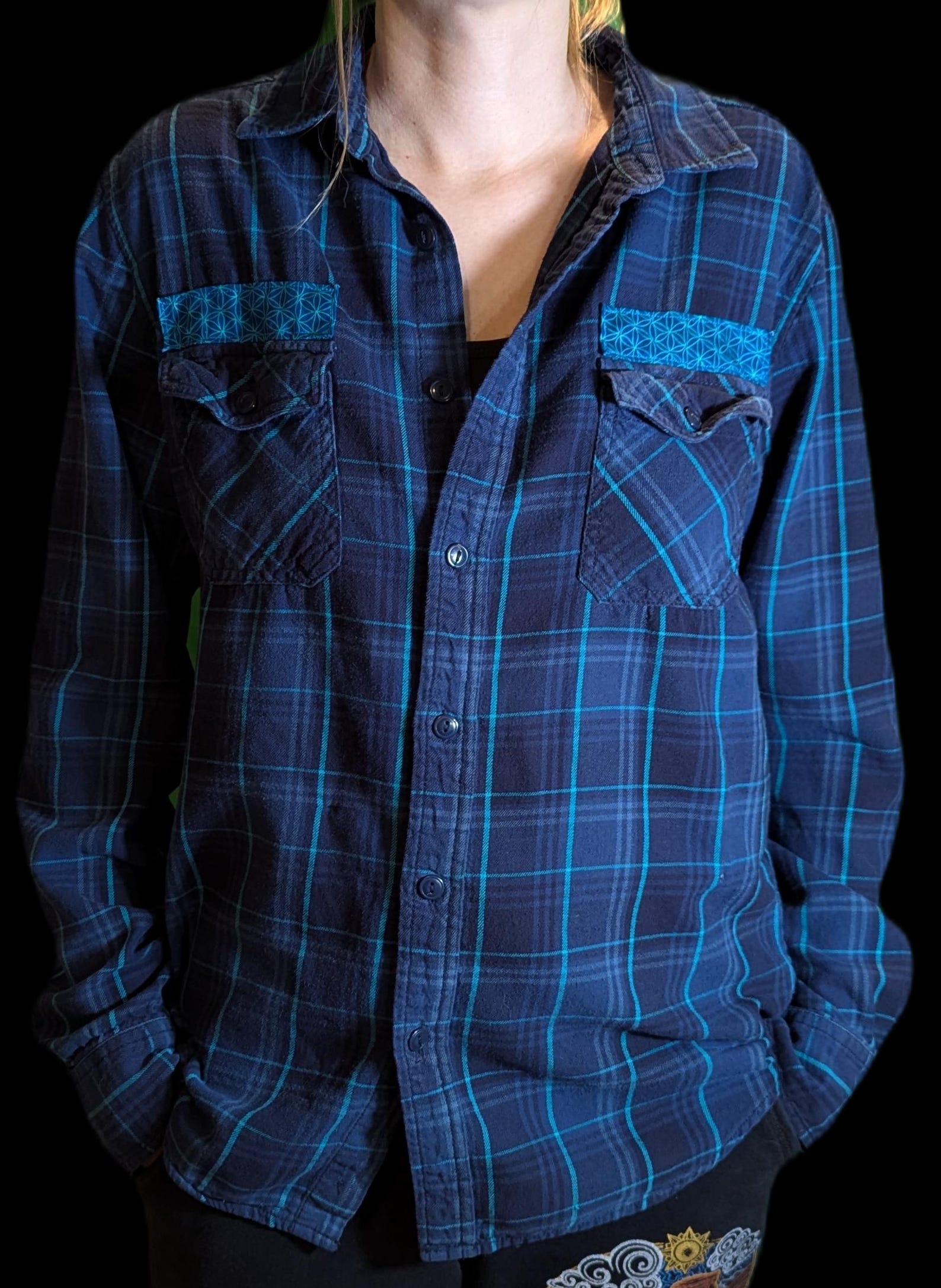 Medium Blue Plaid Flannel With Geometric Back Design and Mushroom ...