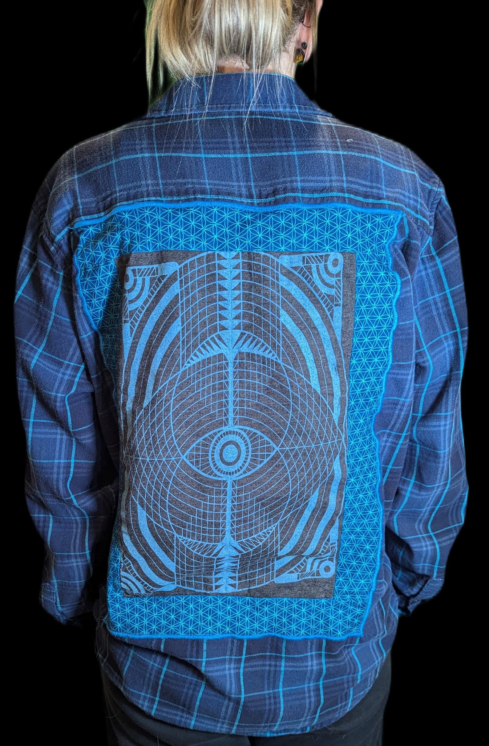 Medium Blue Plaid Flannel With Geometric Back Design and Mushroom ...
