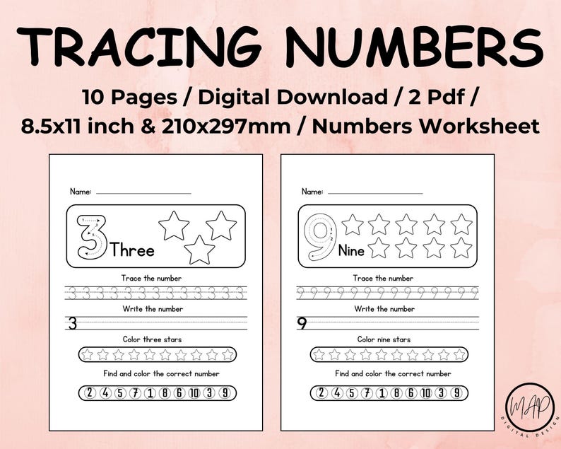 Numbers Tracing Worksheets, Handwriting Practice for Kids, Preschool ...