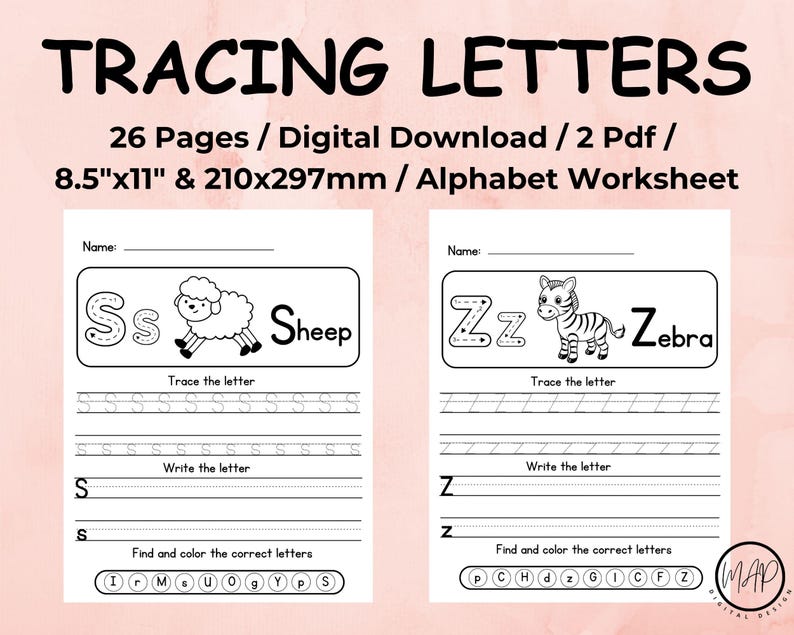 Alphabet Tracing Worksheets: Animal Theme Handwriting Practice (PDF) - Etsy