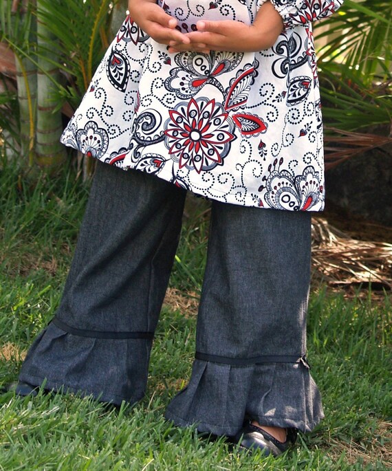 Items similar to Girls Boutique Washed Black Denim Ruffle Pants Ribbon ...