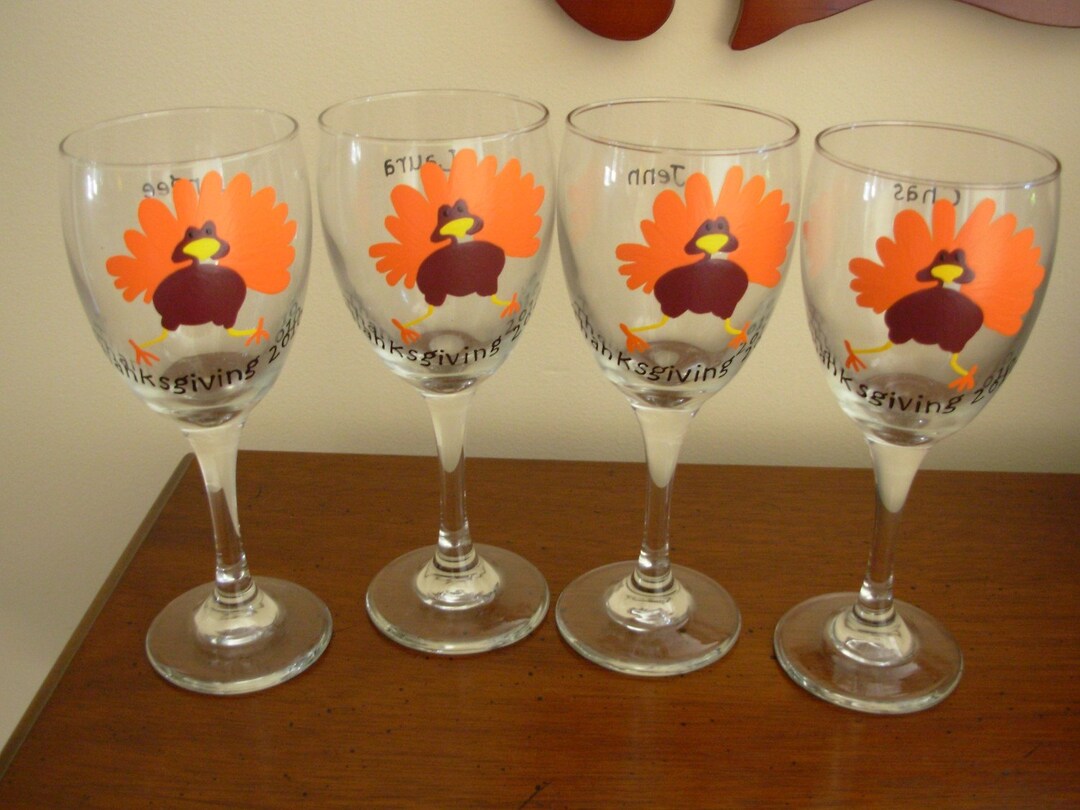 Handpainted Thanksgiving Turkey Wine Glasses Set of 4, Holiday Wine ...