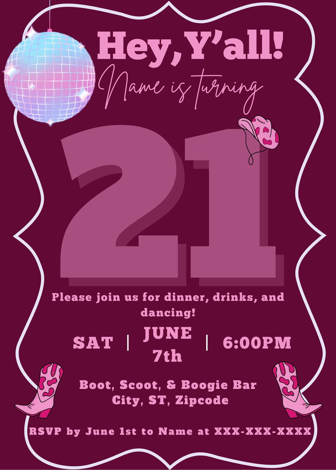 21st Birthday Pink Western Theme Invitation Template 5x7" Digital ...