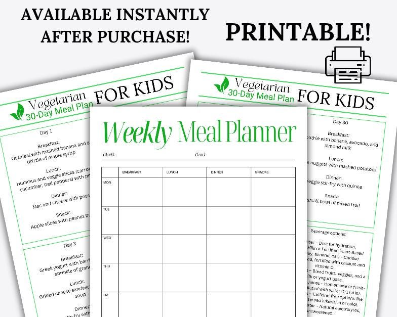 Toddler Meal Plan, Printable 30-day Vegetarian Meal Plan for Kids, Meal ...