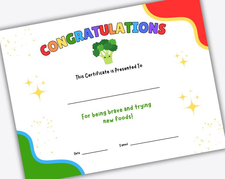 Picky Eater Certificate for Kids, I Tried New Foods, Healthy Eating ...