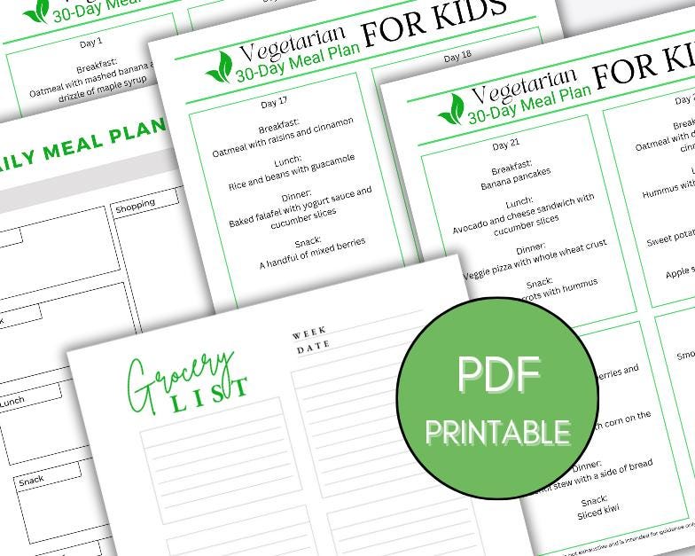 Toddler Meal Plan, Printable 30-day Vegetarian Meal Plan for Kids, Meal ...