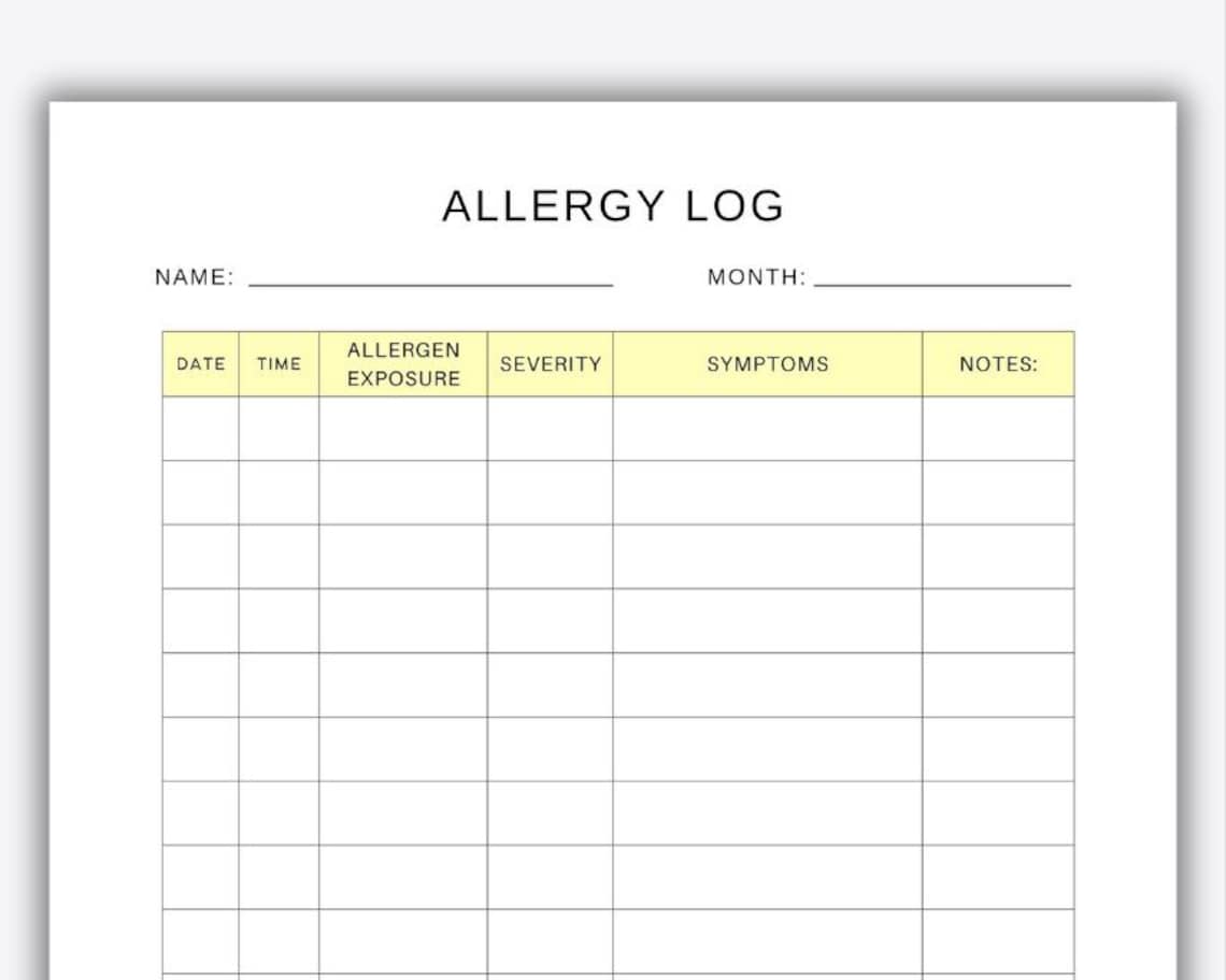Printable Allergy Tracker, Allergic Reaction Log, Track Allergies ...