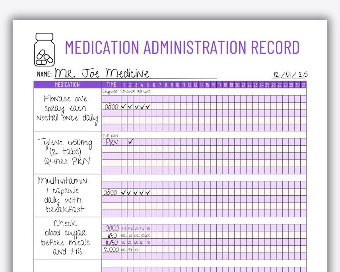 MAR | Medication Administration Record | Printable Medicine Record ...