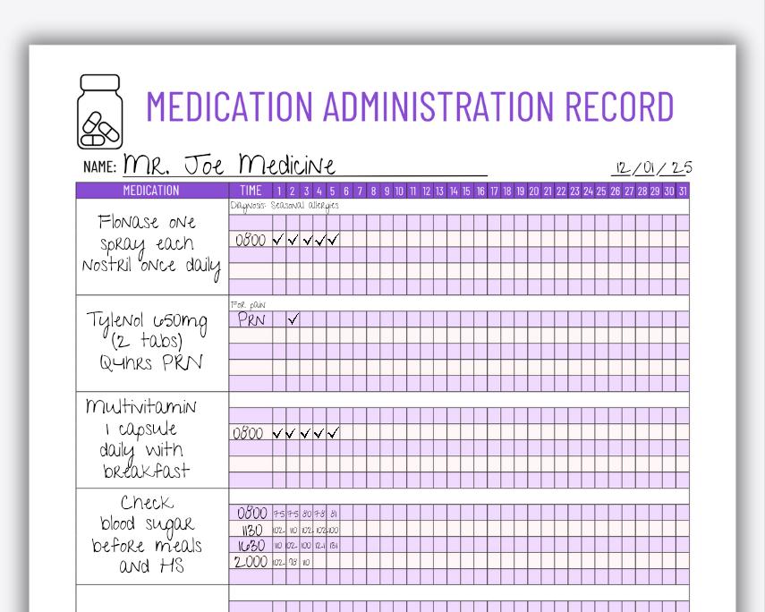 MAR | Medication Administration Record | Printable Medicine Record | Daily Medication Log ...