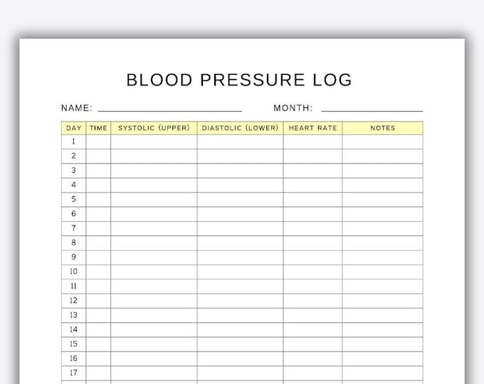 Daily Blood Pressure Log, Printable Blood Pressure Tracker for Nurses ...