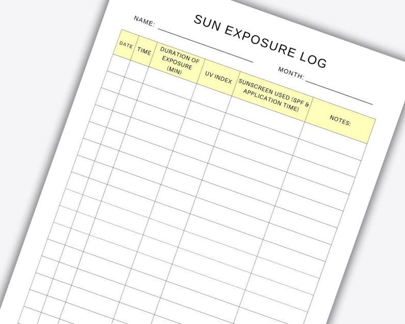 Printable Sunlight Tracker, Sun Exposure Log, Track Sunshine, Printable ...