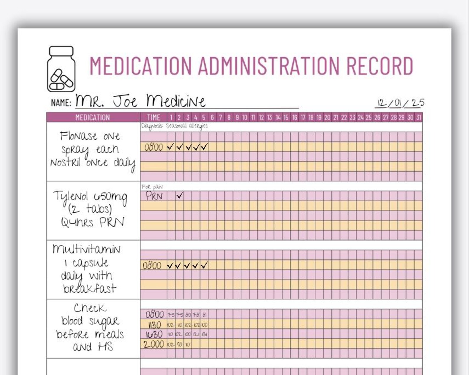 MAR | Medication Administration Record | Printable Medicine Record ...
