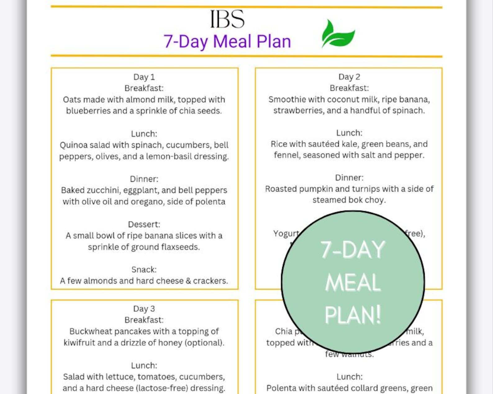 Healthy Meal Plan for Irritable Bowel Syndrome, Printable Food List for ...