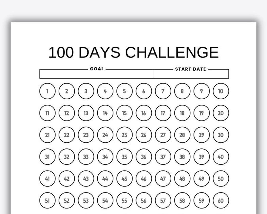 100 Days Challenge Printable, 100 Day Habit Tracker, Daily Challenge ...