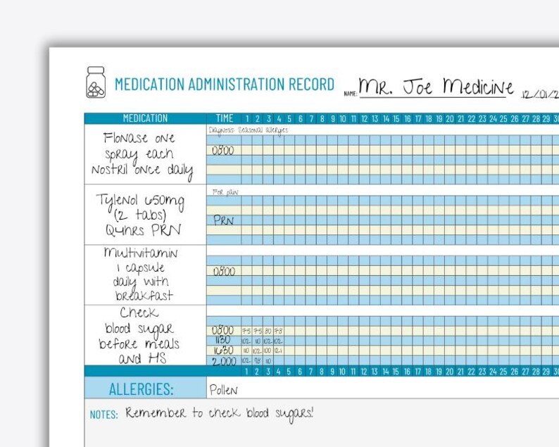 MAR | Medication Administration Record | Printable Medicine Record ...