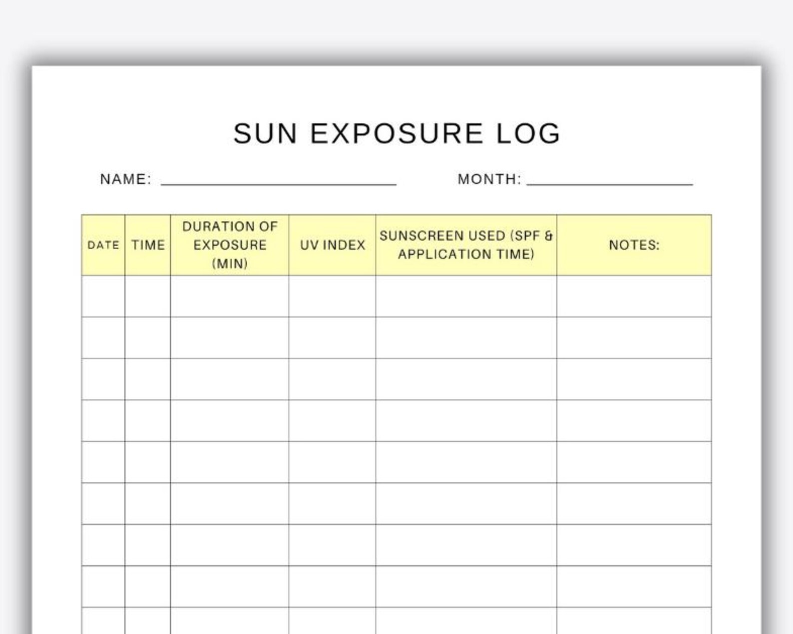 Printable Sunlight Tracker, Sun Exposure Log, Track Sunshine, Printable ...