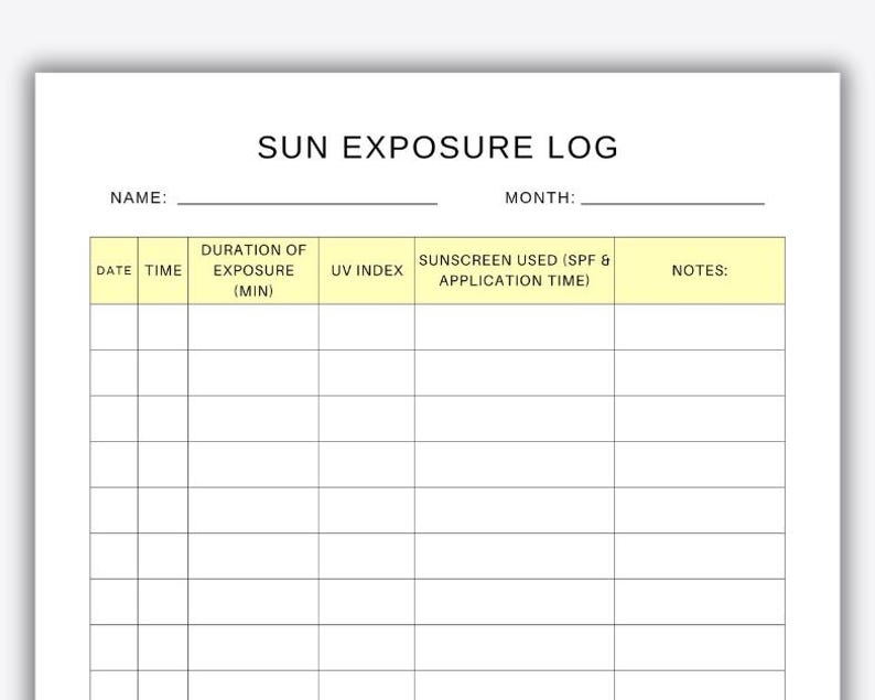 Printable Sunlight Tracker, Sun Exposure Log, Track Sunshine, Printable ...