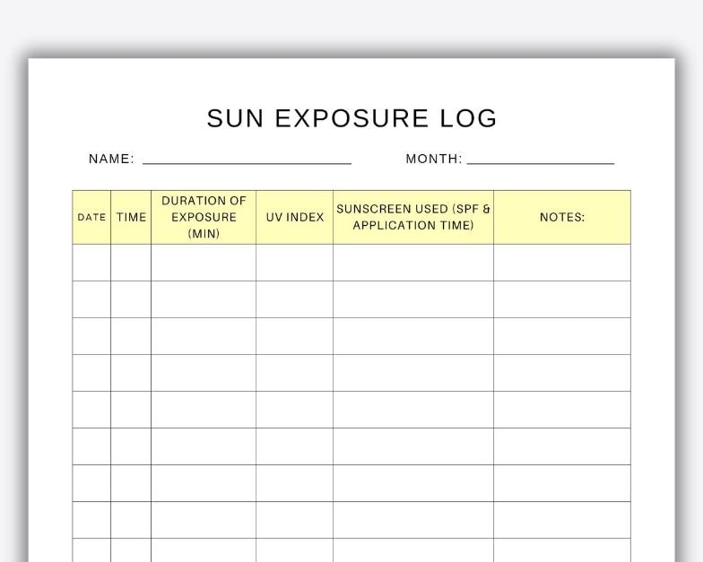Printable Sunlight Tracker, Sun Exposure Log, Track Sunshine, Printable ...