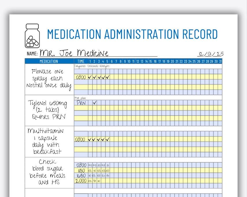 MAR | Medication Administration Record | Printable Medicine Record ...