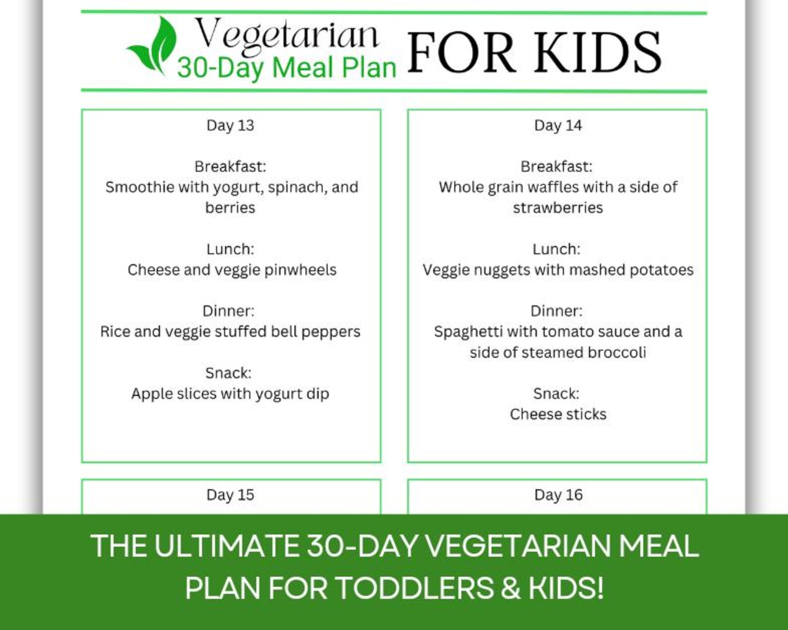Toddler Meal Plan, Printable 30-day Vegetarian Meal Plan for Kids, Meal ...