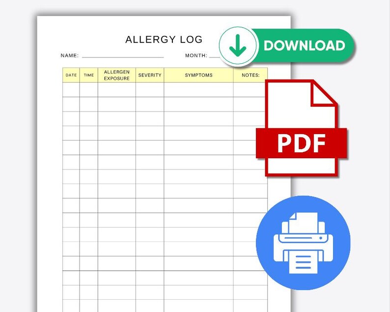 Printable Allergy Tracker, Allergic Reaction Log, Track Allergies ...