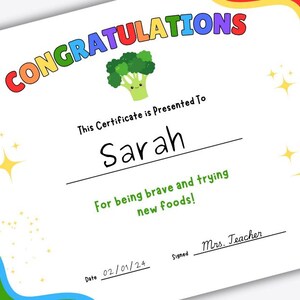 Picky Eater Certificate for Kids, I Tried New Foods, Healthy Eating ...