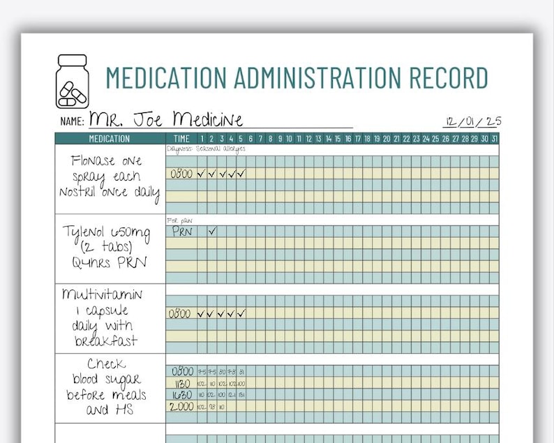 MAR | Medication Administration Record | Printable Medicine Record ...