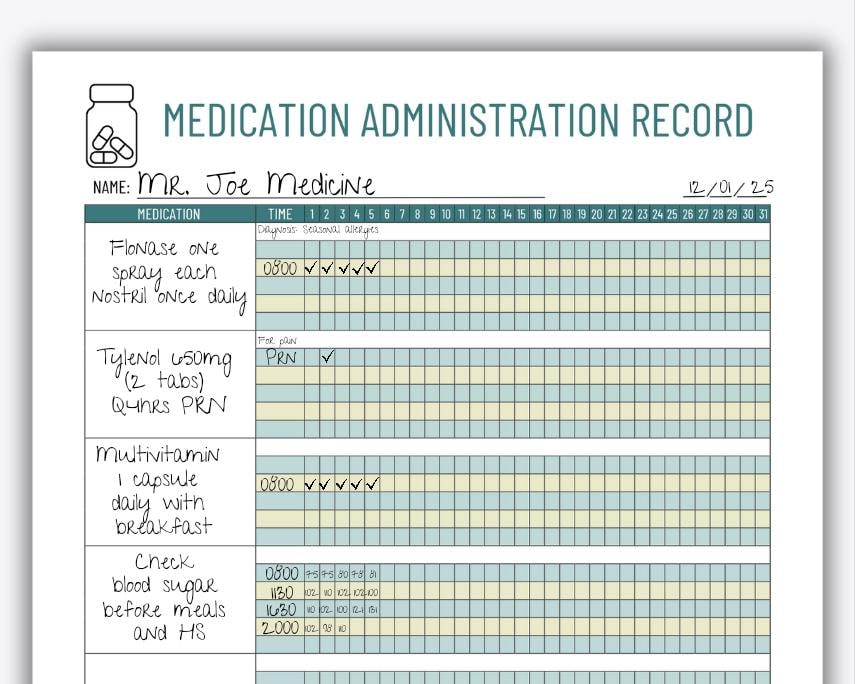 MAR | Medication Administration Record | Printable Medicine Record ...