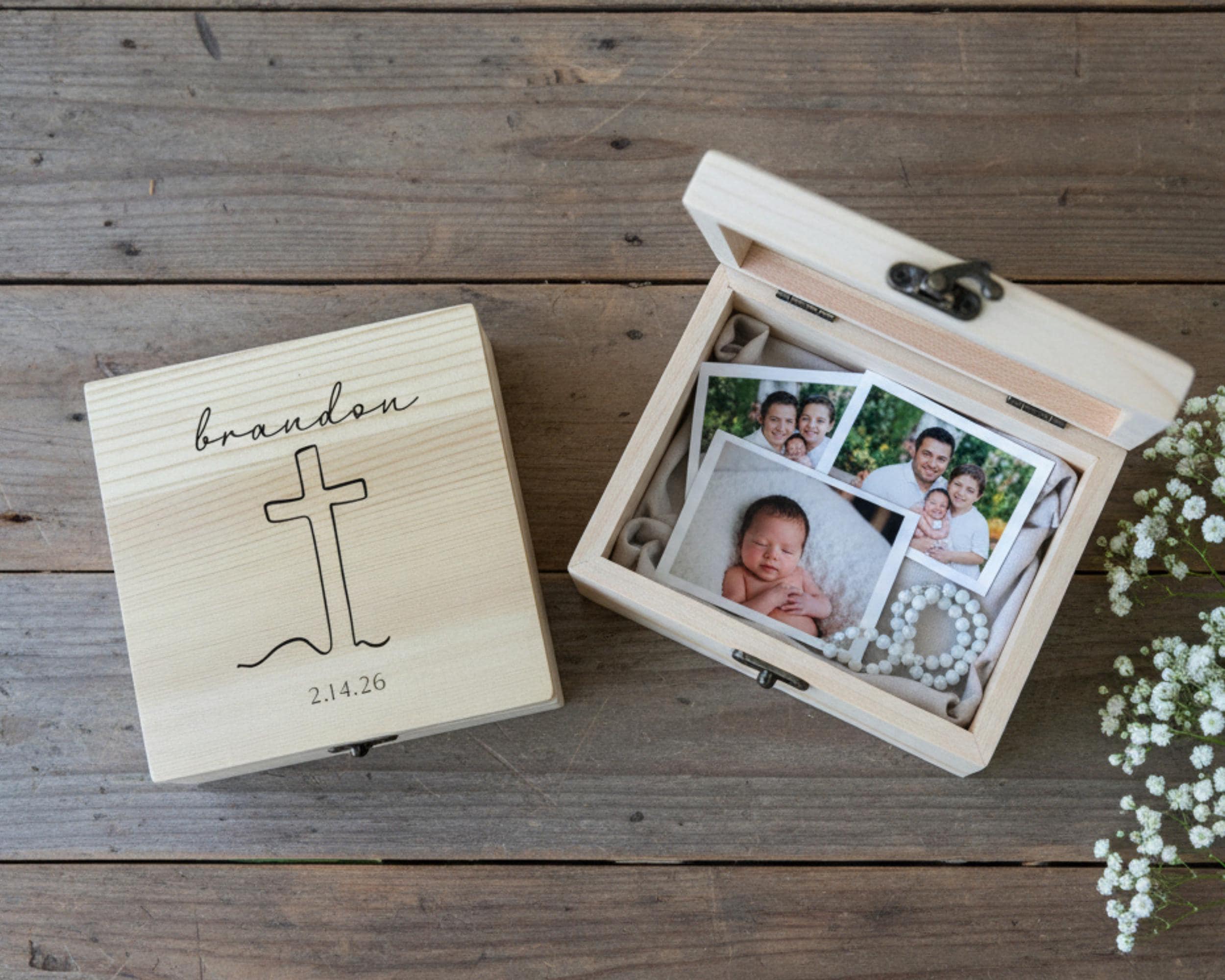 Engraved Baptism Keepsake Box • Personalized Pine Memory Box With Cross ...