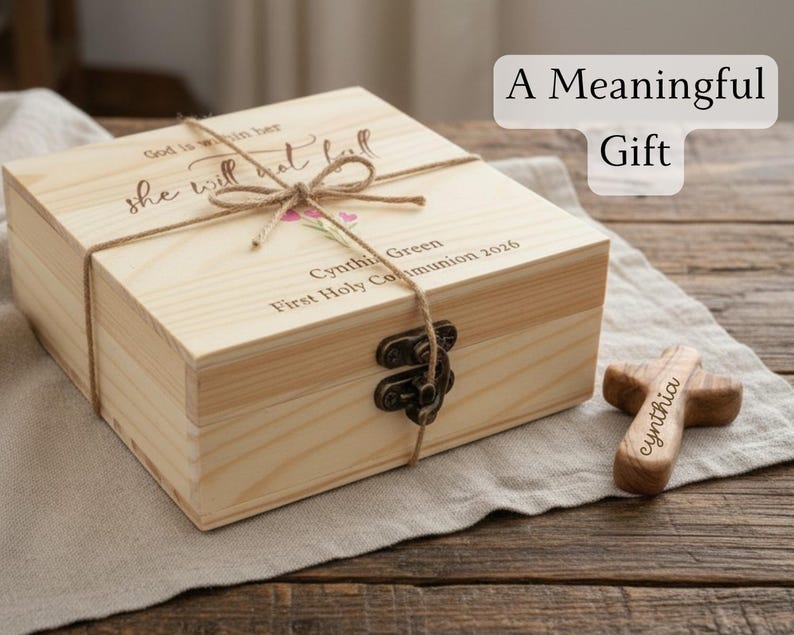 Christian Keepsake Box, Floral Cross, Engraved Name (baptism or ...