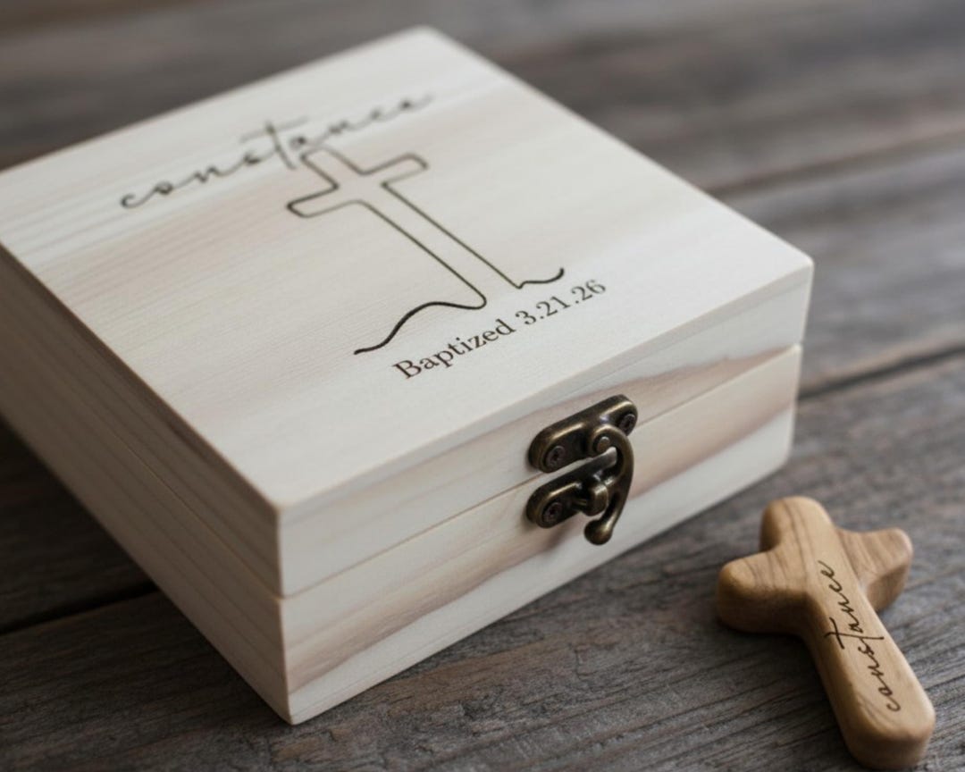 Engraved Baptism Keepsake Box • Personalized Pine Memory Box With Cross ...