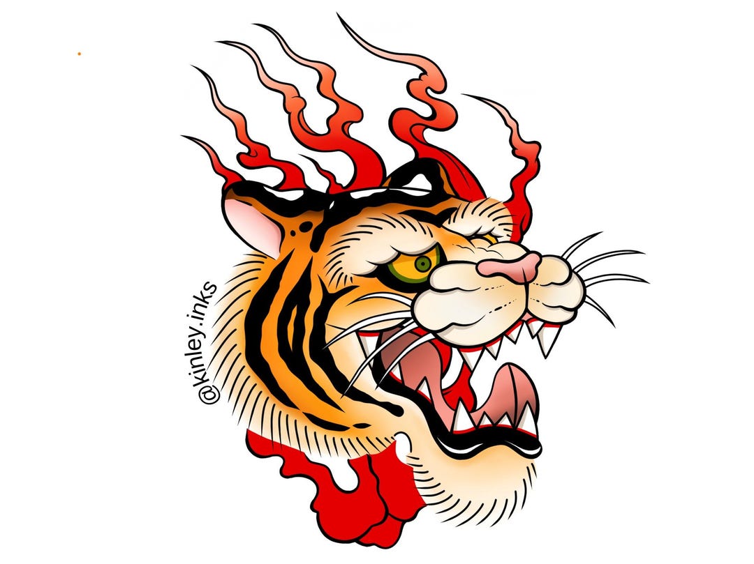 Japanese Traditional Irezumi Tattoo Flash Fire Tiger Water Bottle ...