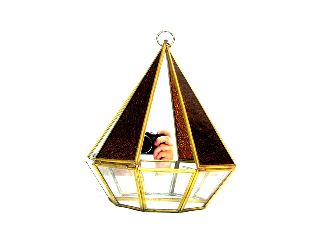 Brass and Glass Pyramid Shaped Mirror Wall Pocket With Textured Brown ...