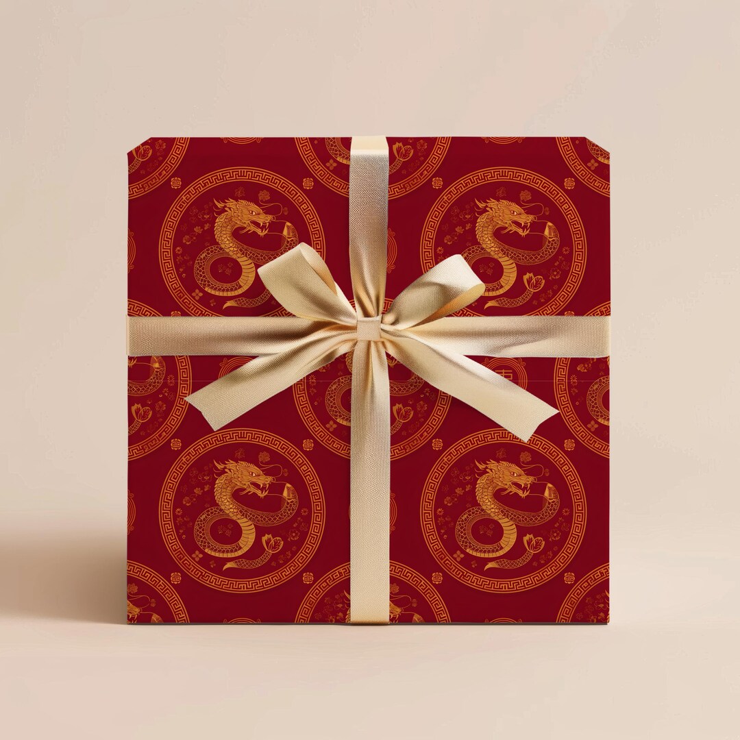 Chinese Dragon Wrapping Paper, Red and Gold Gift Wrap, Lunar New Year ...