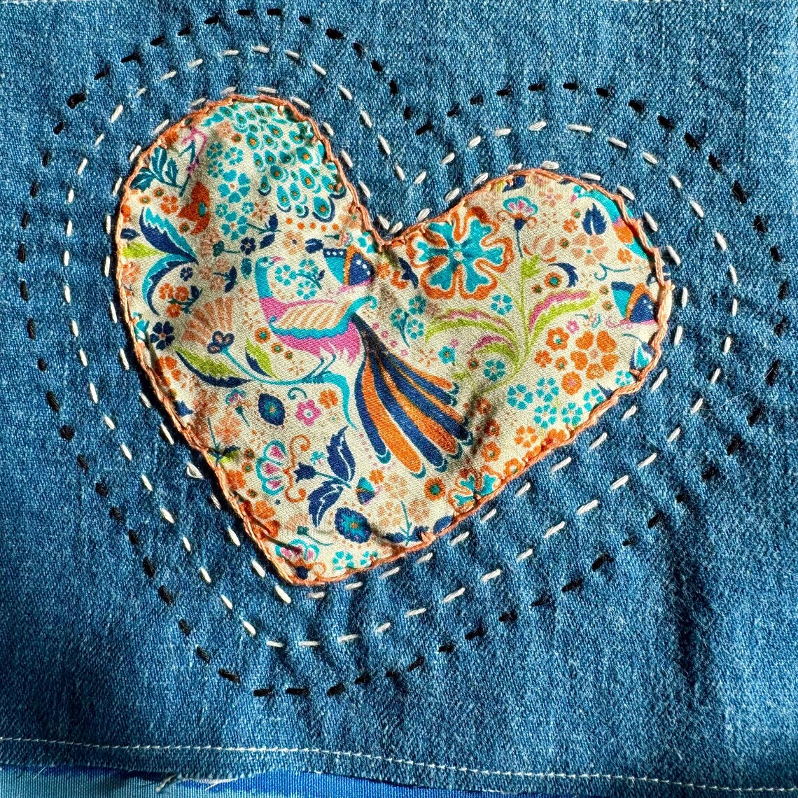 Sashiko Heart Patch, Liberty of London Peacock Print on Denim, Slow ...