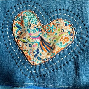 Sashiko Heart Patch, Liberty of London Peacock Print on Denim, Slow Stitching, Sew On, Visible ...