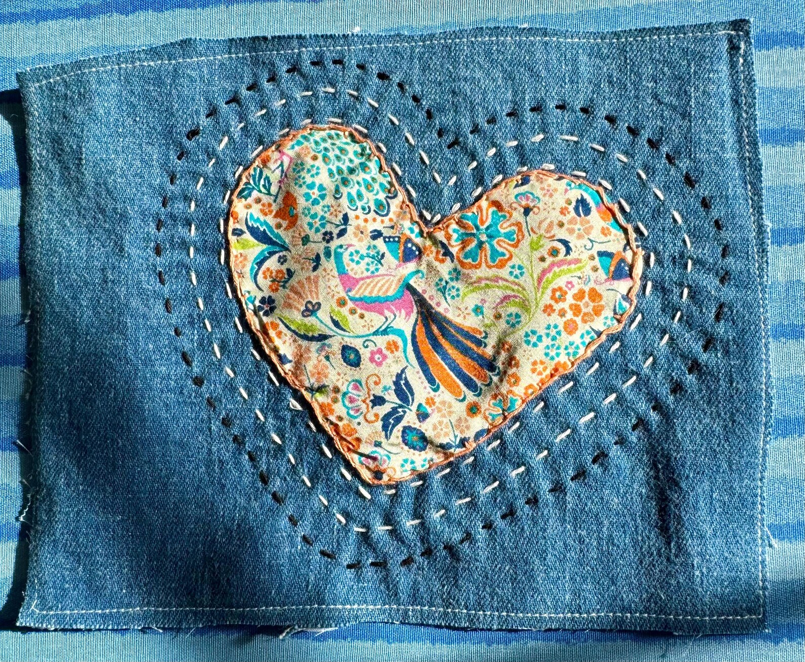 Sashiko Heart Patch, Liberty of London Peacock Print on Denim, Slow ...
