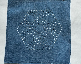 Sashiko Patch, Hand Embroidered Design in Black on Blue Denim, Sew on ...