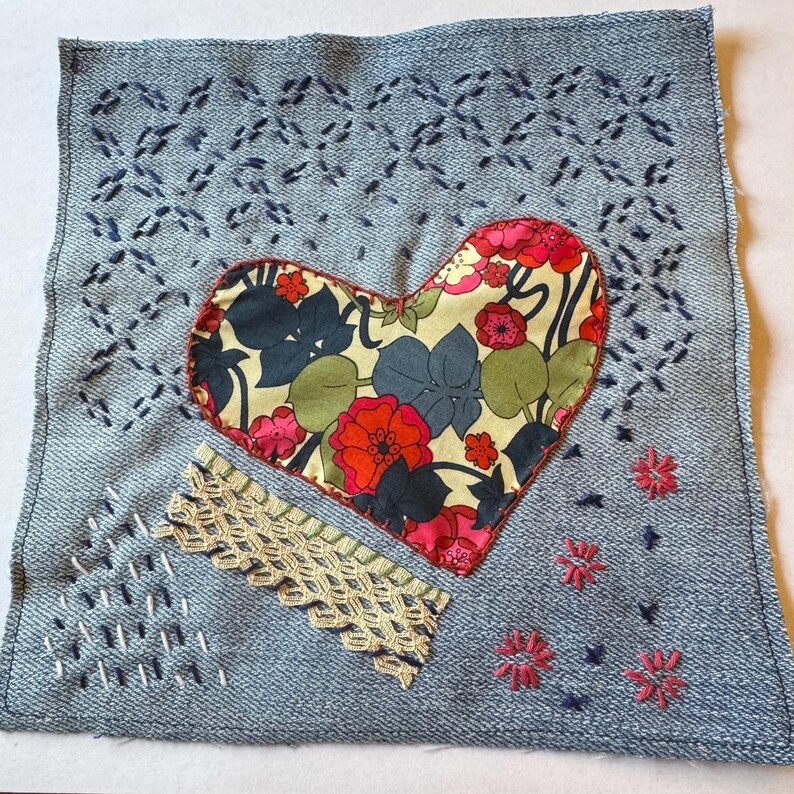 Sashiko Heart Patch, Embroidered, Lace, Liberty of London, Upcycled Jeans Denim, Slow Stitching ...