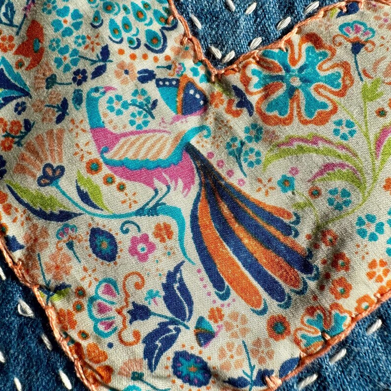 Sashiko Heart Patch, Liberty of London Peacock Print on Denim, Slow ...