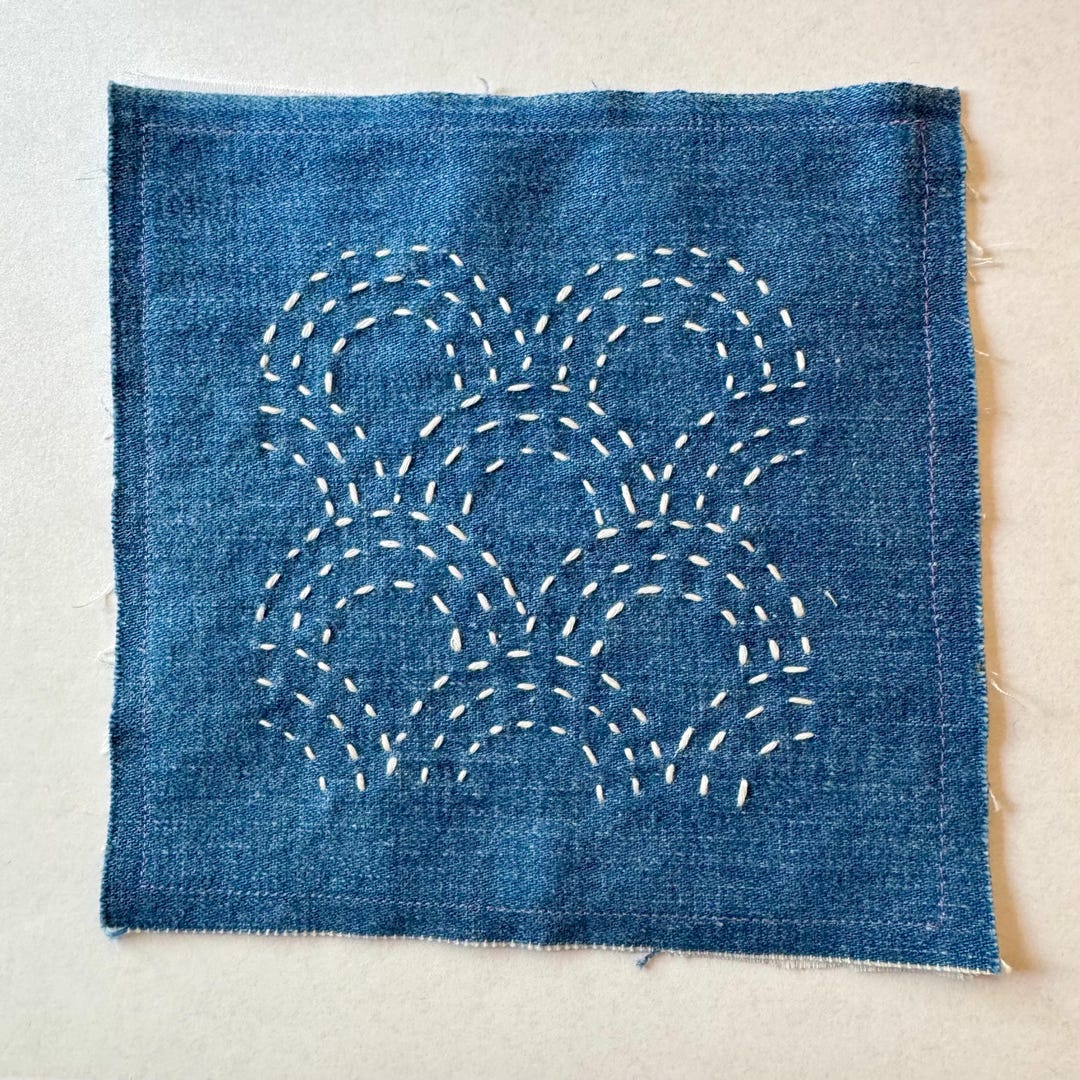 Sashiko Patch, Hand Embroidered Waves Design in White on Blue Denim ...