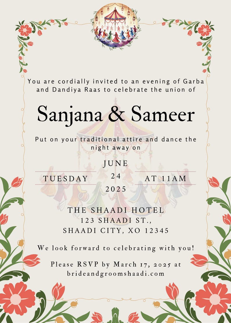 Editable Garba Invitation | Watercolor Design With Floral Accents ...
