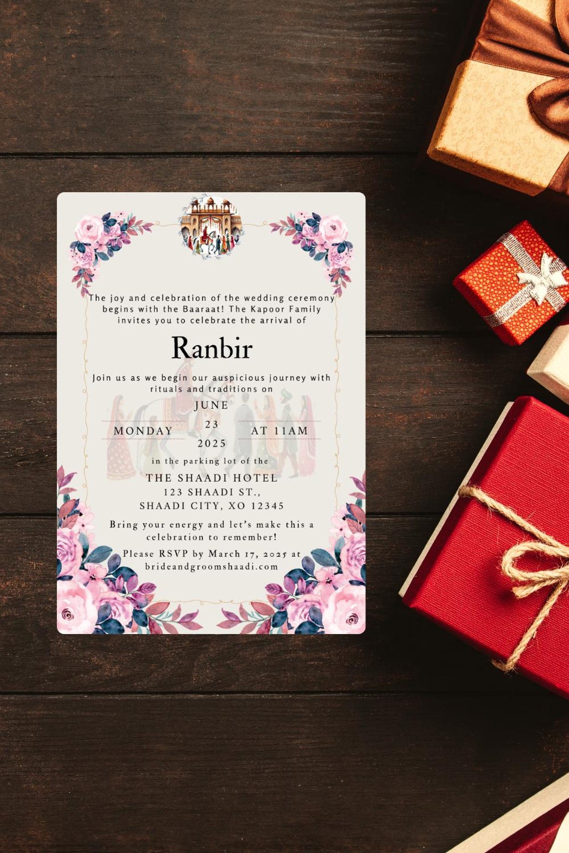 Editable Baraat Invitation | Watercolor Design With Floral Accents ...