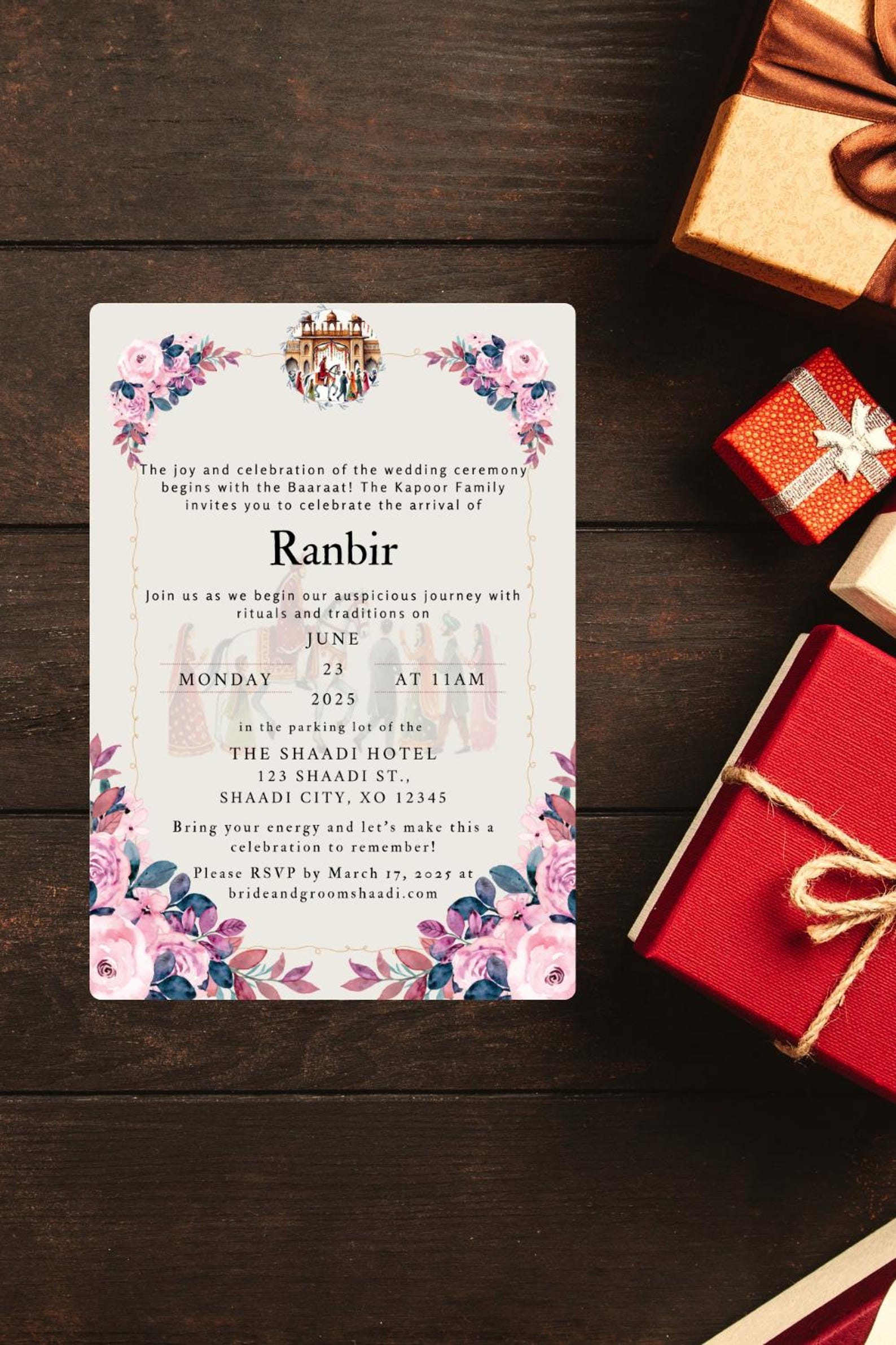 Editable Baraat Invitation | Watercolor Design With Floral Accents ...