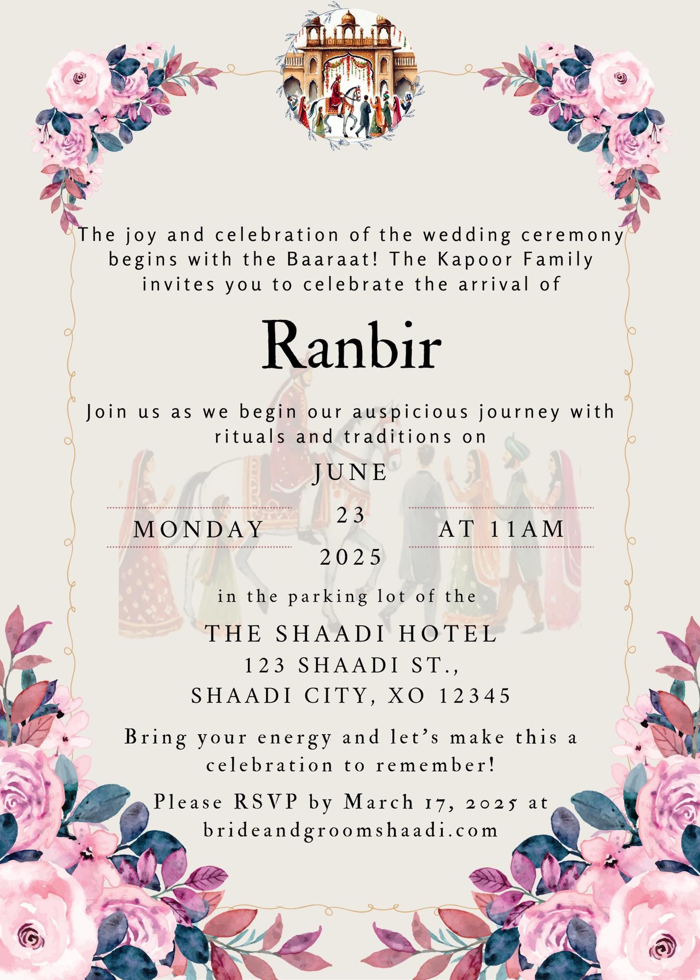 Editable Baraat Invitation | Watercolor Design With Floral Accents ...