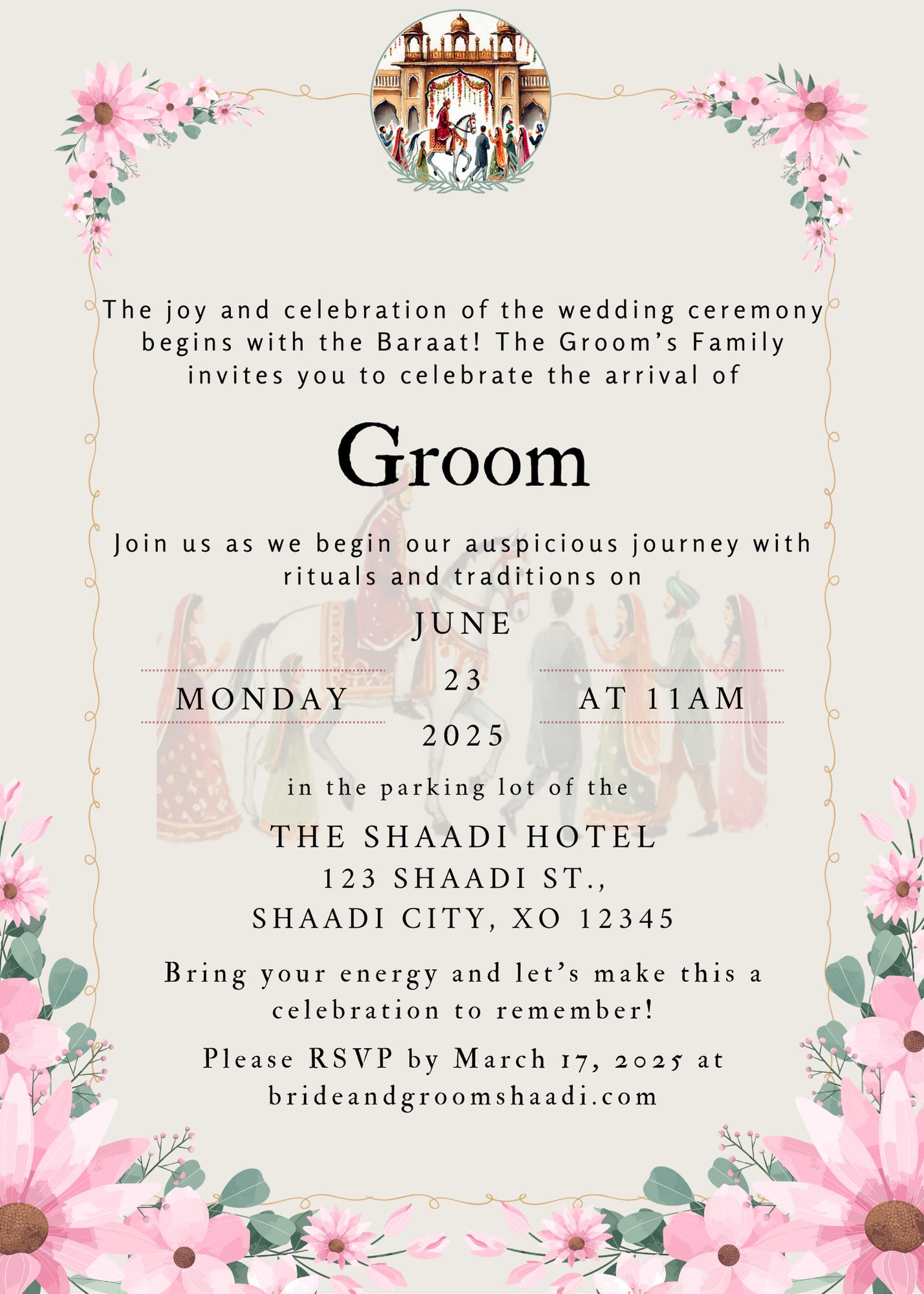 Editable Baraat Invitation | Watercolor Design With Floral Accents ...