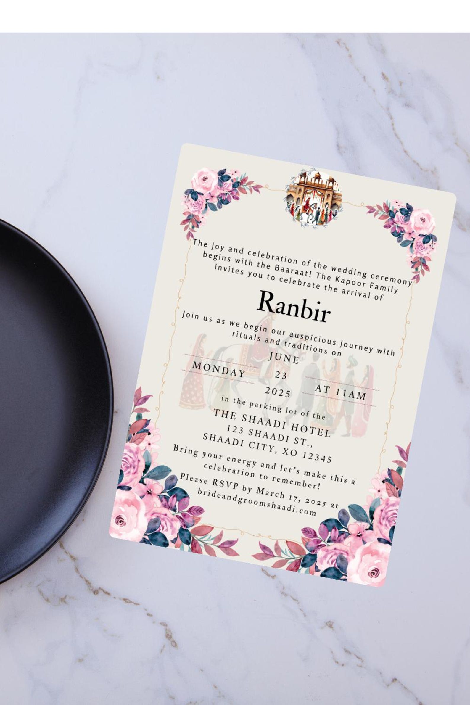 Editable Baraat Invitation | Watercolor Design With Floral Accents ...