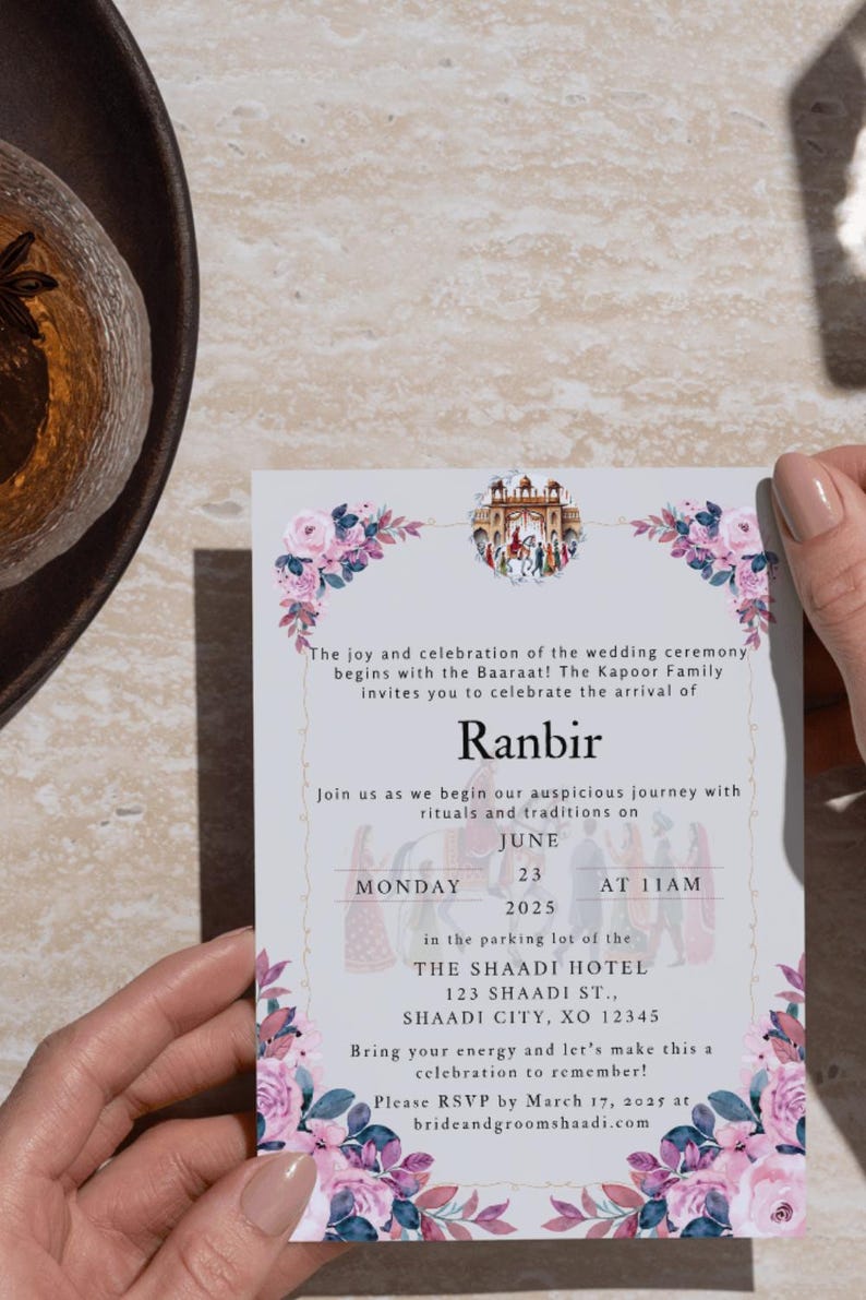 Editable Baraat Invitation | Watercolor Design With Floral Accents ...