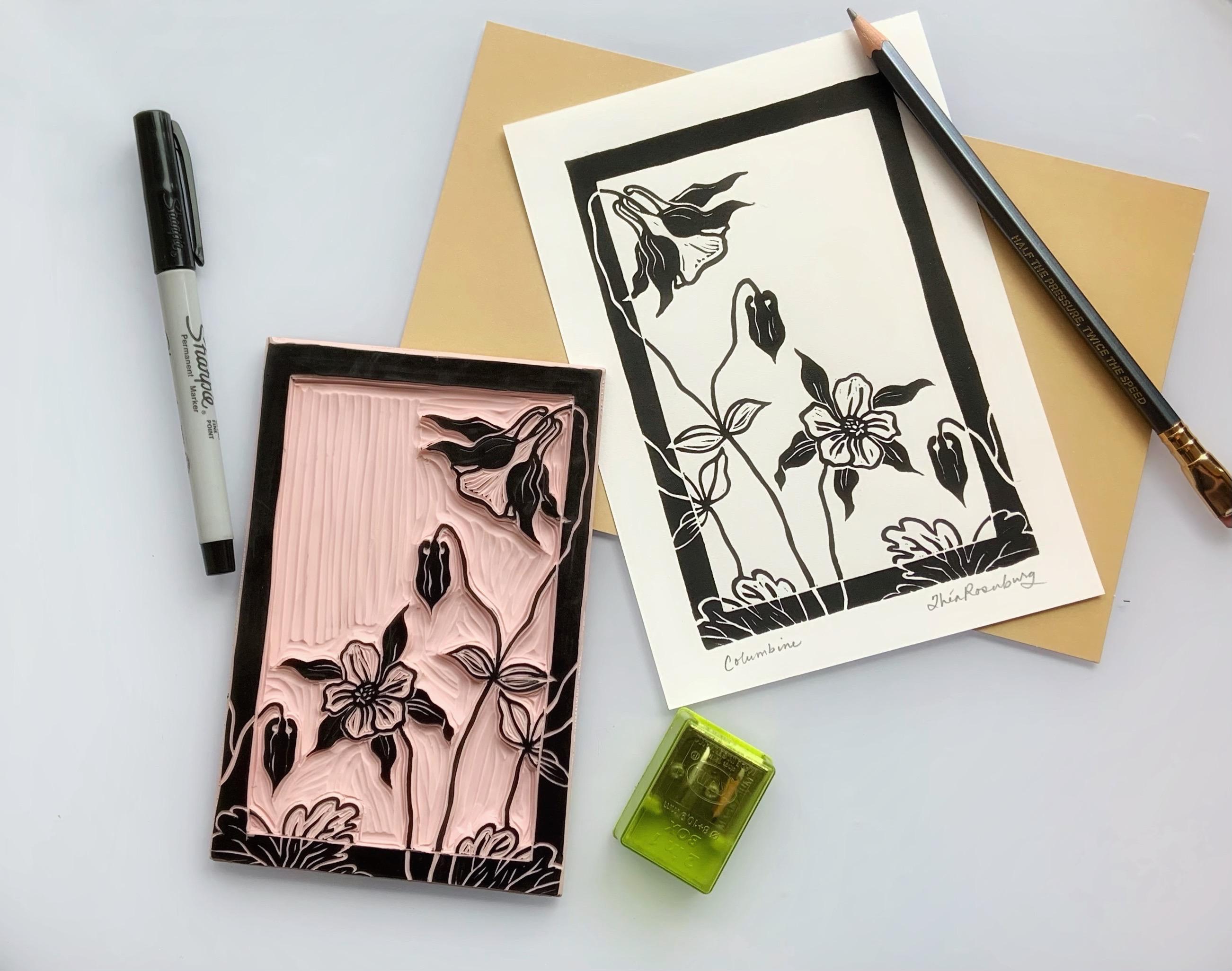 Columbine Linocut Print: Floral Art (5x7) - Etsy
